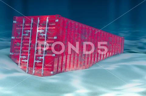 Cargo container on ocean bottom underwater, 3D rendering: Graphic ...