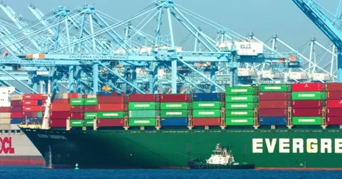 Cargo container ship and pusher tugs ent... | Stock Video | Pond5