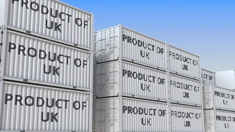 Cargo containers with PRODUCT OF UK text... | Stock Video | Pond5