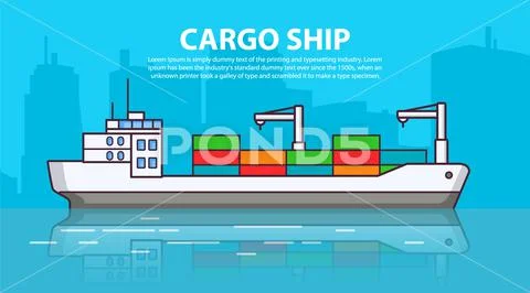 Cargo ship. Freighter shipping. Delivery of goods. Flat line art vector ...