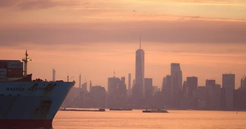 Cargo ship, Manhattan skyline | Stock Video | Pond5