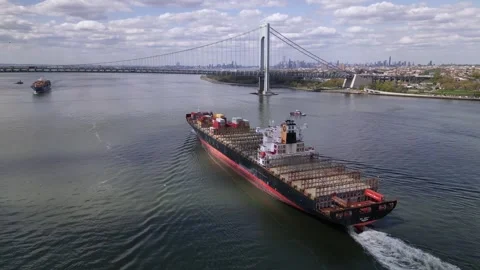 cargo ship sailing on Hudson River. arri... | Stock Video | Pond5