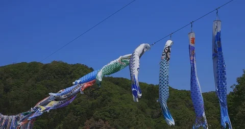 Carp streamers at Ryujin big bridge in I... | Stock Video | Pond5