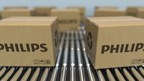 Carton boxes with PHILIPS logo move on r... | Stock Video | Pond5