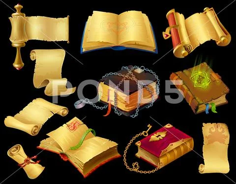 Cartoon books and scrolls. Game UI icons of ancient medieval papyrus ...