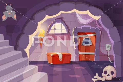Cartoon castle dungeon for prisoners with torch, iron shackles and ...
