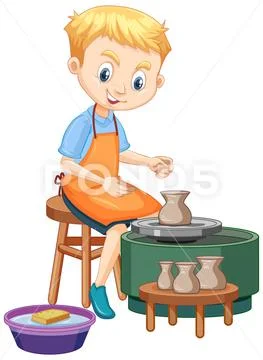 Cartoon character boy making pottery clay on white background: Royalty ...