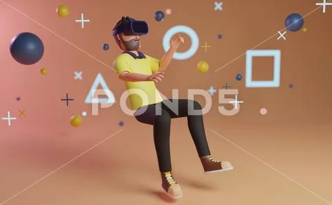 Cartoon character men floating in the air playing a video game with VR ...