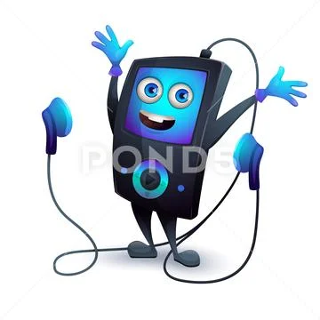 Cartoon character music mp3 player with headphones.: Graphic #127450253
