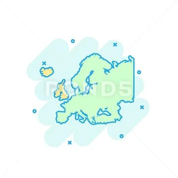 Cartoon colored Europe map icon in comic style. Europe sign ...