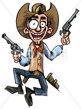 Cartoon cowboy jumping up and down with six guns ~ Clip Art #39961767