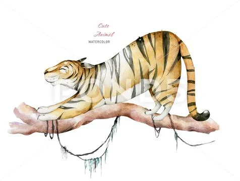 Cartoon cute baby tiger on stick. Hand drawn watercolor isolated clip ...