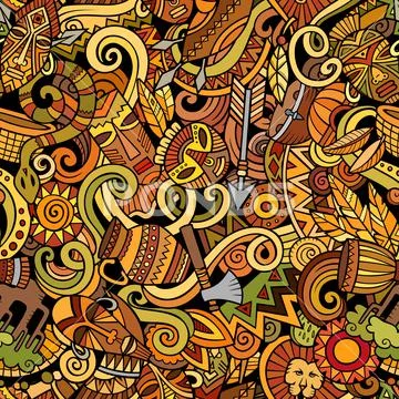 Cartoon cute doodles hand drawn Africa seamless pattern Illustration ...