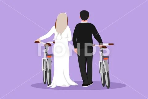 Cartoon flat style drawing back view of man and woman wearing wedding ...