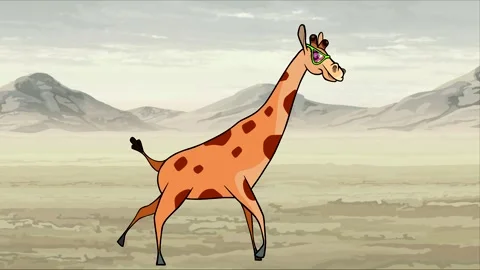 cartoon giraffe in glasses cheerfully gallops through the desert