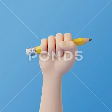 Cartoon hand holding a pencil on a blue background. 3d render ...
