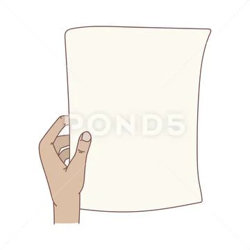 Cartoon hand holding a piece of paper. White blank vertical sheet of ...