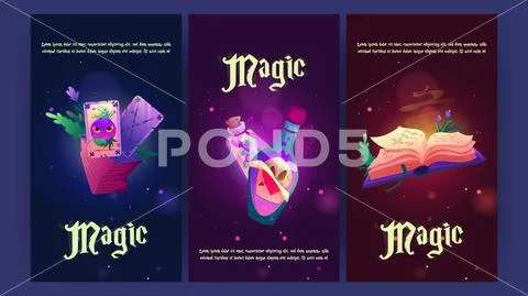 Cartoon magic posters with witch magician stuff: Royalty Free #172466298