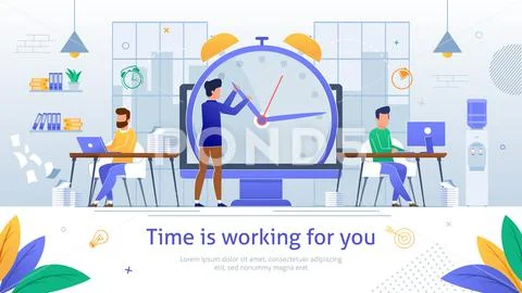 Cartoon Male Character Moving Clock Hand Banner.: Graphic #132112781