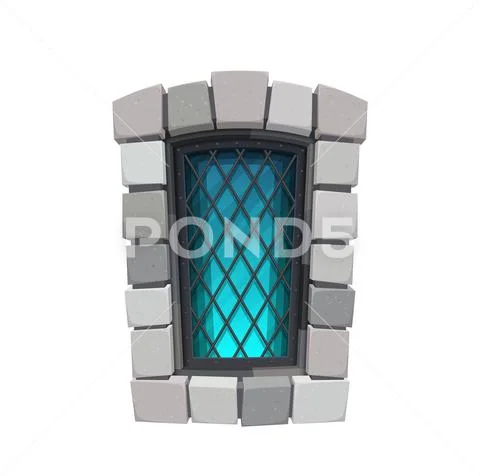 Cartoon medieval window of castle. Vector glass: Graphic #165731809
