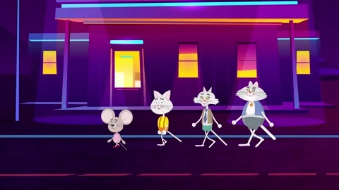 Cartoon, Mouse and 3 cats go to the left... | Stock Video | Pond5