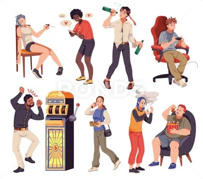 Cartoon people with addicted. Characters with bad habits, alcoholics ...