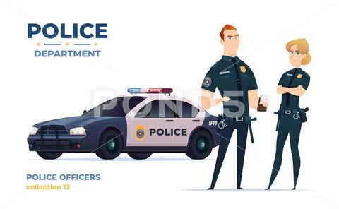 Cartoon police officers man and woman team with police car ...