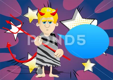 Cartoon prehistoric man devil with pitchfork. Vector illustration of a ...