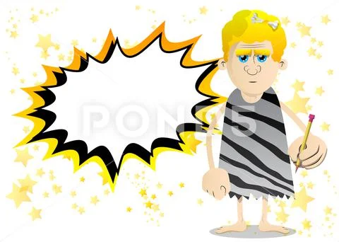 Cartoon prehistoric man writing with pencil. Vector illustration of a ...