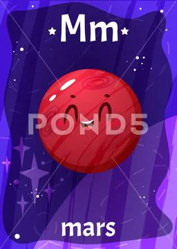 Cartoon printable space alphabet flashcard with letter M and mars ...