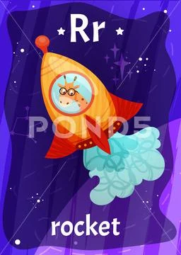 Cartoon printable space alphabet flashcard with letter R and rocket ...