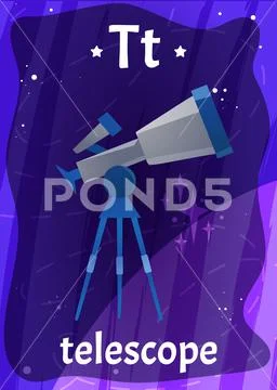 Cartoon printable space alphabet flashcard with letter T and telescope ...