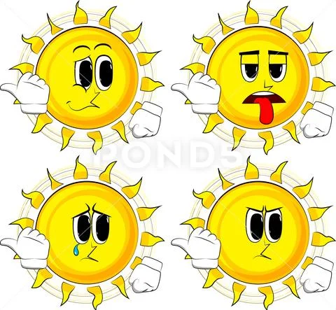 Cartoon sun with pointing hand behind his back. Collection with sad ...