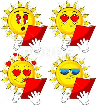 Cartoon sun reading a red book. Collection with various facial ...