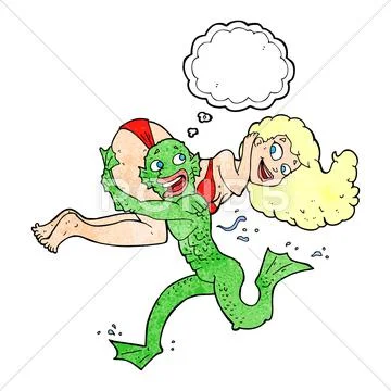 Cartoon swamp monster carrying girl in bikini with thought bubble ...