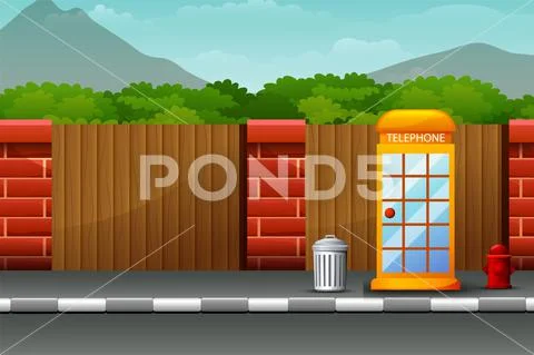 Cartoon telephone box on the roadside with nature background: Royalty ...
