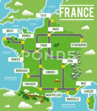 Cartoon vector map of France. Travel illustration with french main ...