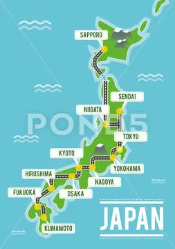 Cartoon vector map of Japan. Travel illustration with japanese main ...