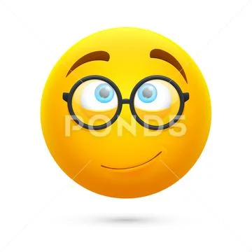 Cartoon yellow 3d smiley face. Cute geek vector emoji isolated on white ...