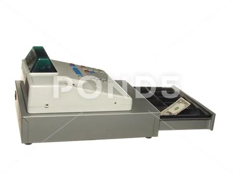 Cash register on a white background. Drawer is open. Inside a one ...