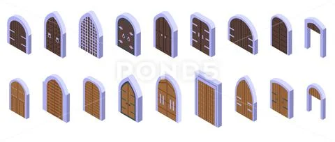 Castle gate icons set isometric vector. Medieval dungeon door: Graphic ...