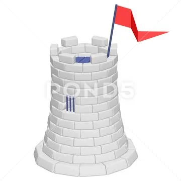 Castle knight tower. Medieval ancient fortress with banner flag ...