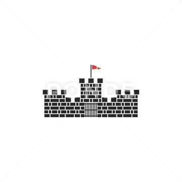 Castle logo medieval tower stone building with red flag and gate on ...