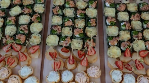 Catering on a banquet table with appetiz... | Stock Video | Pond5