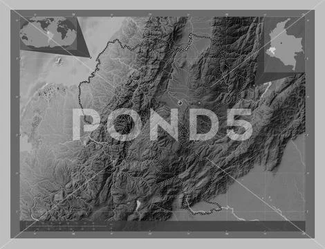 Cauca, Colombia. Grayscale elevation map with lakes and rivers: Graphic ...