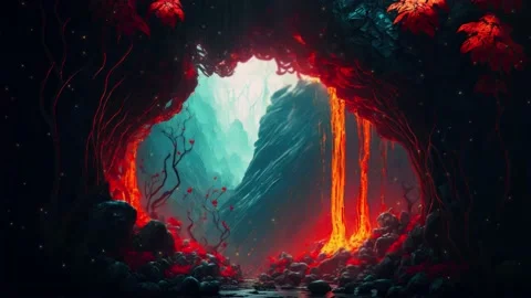 Cave with lava and trees, concept art. C... | Stock Video | Pond5