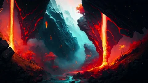 Cave with lava and trees, concept art. C... | Stock Video | Pond5