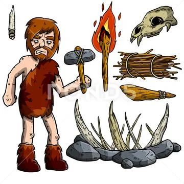 Cave primitive man and weapons. Set of items for hunting.: Graphic ...