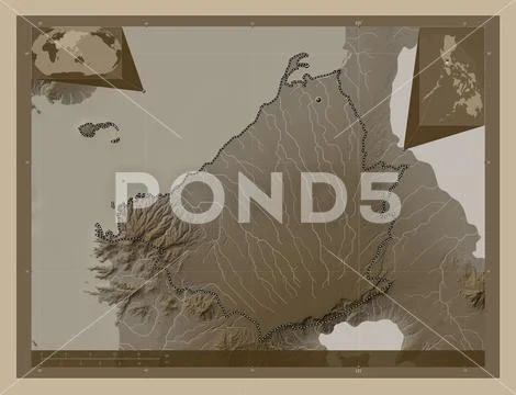 Cavite, Philippines. Elevation map colored in sepia tones with lakes ...