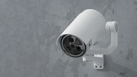 CCTV camera on cement wall. Scan the are... | Stock Video | Pond5